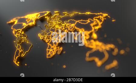 dark world map with elevated countries and glowing high energy borders ...