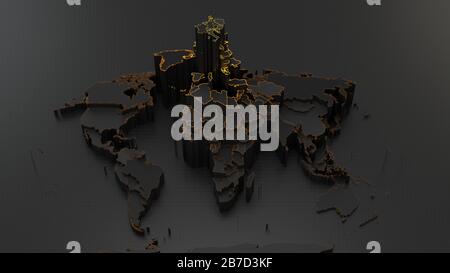 dark world map with elevated countries and glowing high energy borders ...
