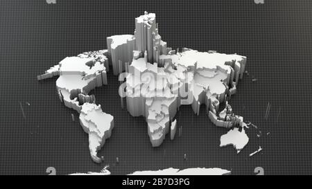 white world map with elevated countries. borders is gblack lined. 3d ...