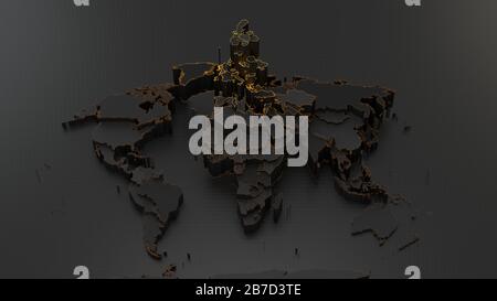 dark world map with elevated countries and glowing high energy borders ...