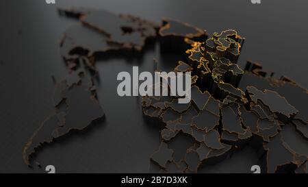 dark world map with elevated countries and glowing high energy borders ...