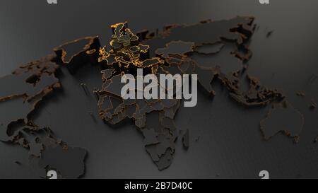 dark world map with elevated countries and glowing high energy borders ...