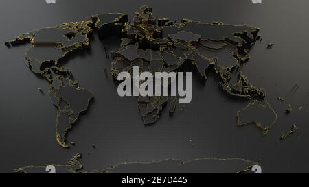dark world map with elevated countries and glowing high energy borders ...
