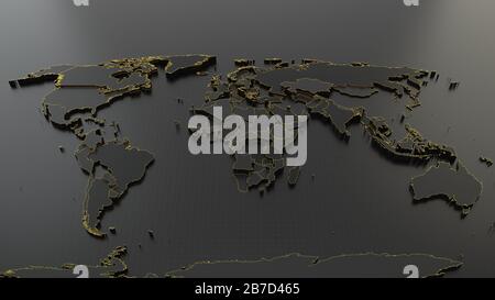 dark world map with elevated countries and glowing high energy borders ...