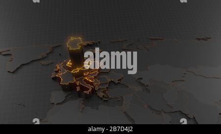 rised germany on dark world map with elevated countries and glowing ...