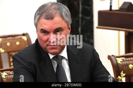 State Duma Speaker Vyacheslav Volodin speaking to journalists. Credit ...
