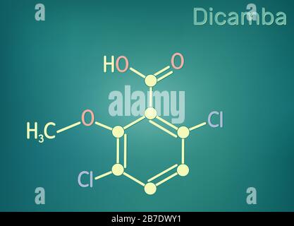 Dicamba C8H6Cl2O3 molecule. It is used as a herbicide. Structural ...