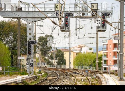 ST RAPHAEL, FRANCE - APRIL 2019: Close up of the SNCF French railway ...