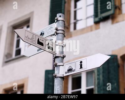 Train station directional sign for road users giving the direction to a ...