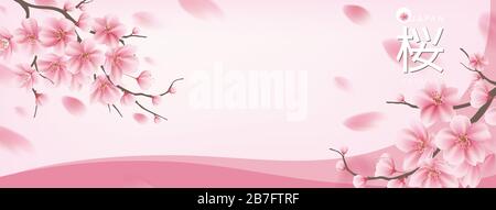 Beautiful pink Cherry blossom banner background with Japanese text ...