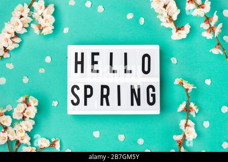 HELLO MAY text on Lightbox with bunny wooden figures eggs and fresh ...