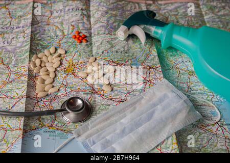 Italian map with pills and medical equipment Stock Photo - Alamy