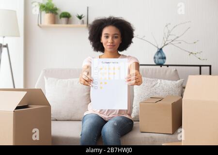 African american girl puts five stars in customer review, free space ...