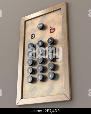 An old retro elevator control panel with fourteen floors made of brass ...