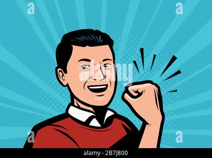 Strong man with fist shows strength. Retro comic pop art vector ...