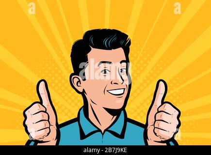Thumbs up, success. Retro comic pop art vector illustration Stock ...