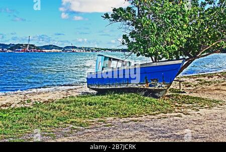 Grounded vessel on a Caribbean beach near Manzanillo, Costa Rica Stock ...