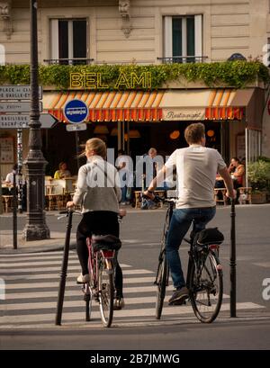 Paris, France, Women riding Bicycles, cycling, Bike Path, Street Scene ...