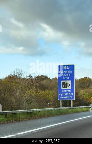 Sign informing of variable speed limit on the M1 motorway, England ...
