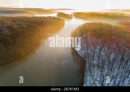 Aerial view of lake Stephen A. Forbes State Park, Marion County ...