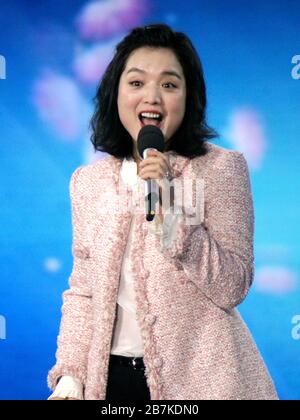 Chinese singer Bai Xue attends a CCTV entertainment show in Beijing ...