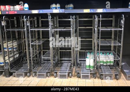 Haverhill, Suffolk, UK. 17th March 2020. Milk has run out at Aldi ...
