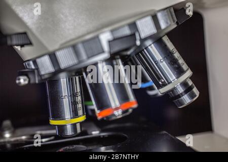 Nosepiece of a microscope with objectives Stock Photo - Alamy