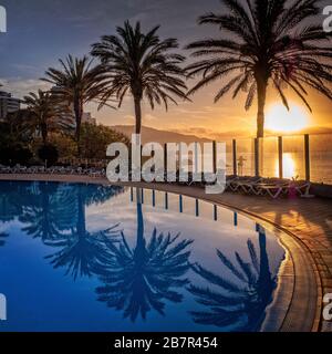 sunset by a swimming pool with tropical palm trees during a luxury ...