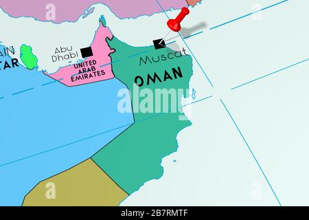 Oman political map with capital Muscat, national borders and important ...