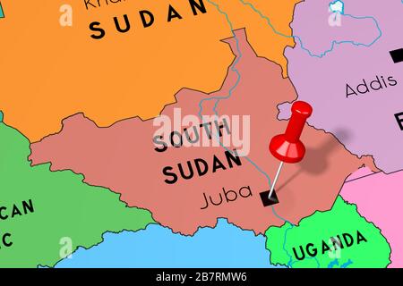 South Sudan, Juba - push pin on political map - 3D illustration Stock ...