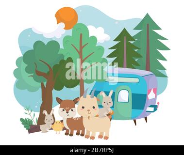 camping cute rabbit deer and chicken tree grass sun cartoon vector ...