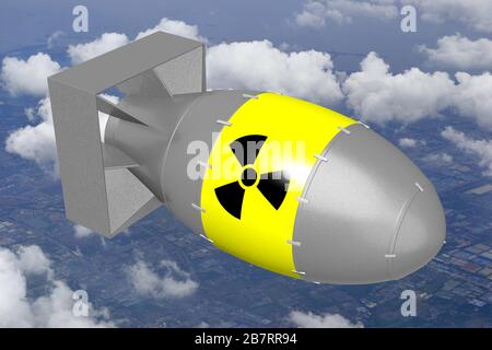 Falling atomic bomb in the sky with clouds. Falling bomb 3D ...