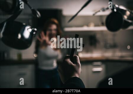 Exorcism of exorcist, levitation and woman possessed by the devil Stock ...