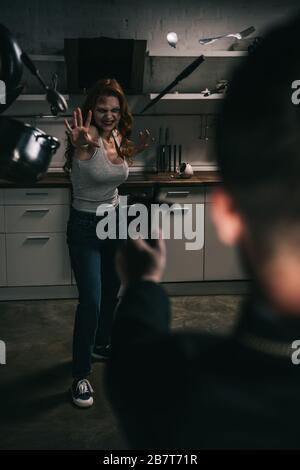 Exorcism of exorcist, levitation and woman possessed by the devil Stock ...