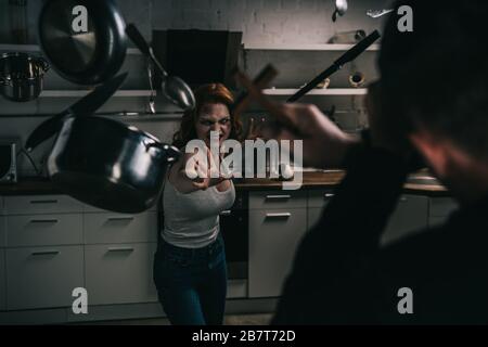 Exorcism of exorcist, levitation and woman possessed by the devil Stock ...