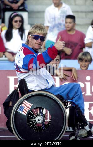 Barcelona Spain 1992: Male Paralympic long jumping competitor on runway ...
