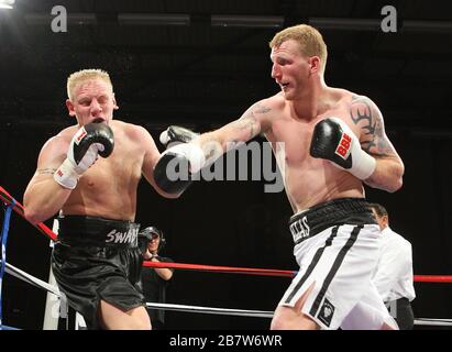 Tom Dallas (white shorts) defeats Lee Swaby in a Heavyweight boxing ...