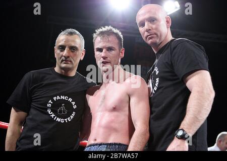 Martin Power (blue shorts) defeats Francis Croes in a Super-Flyweight ...
