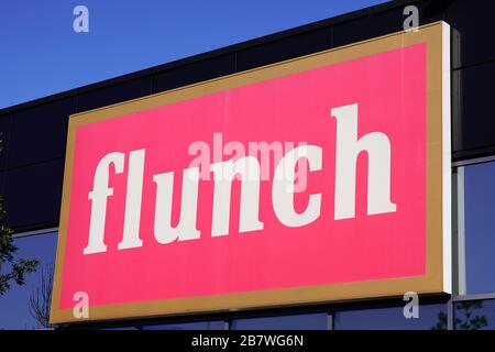 Flunch sign. Flunch is a French self-service restaurant chain. It is ...