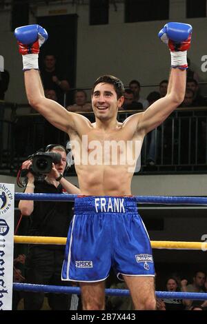 Frank Buglioni (blue shorts) defeats Paul Morby in a Super-Middleweight ...