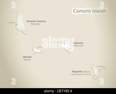 Comoro Islands map, separate regions with names, infographics blue flat ...