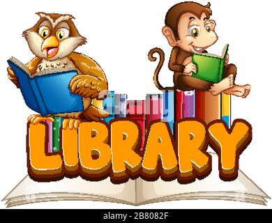 Font design for word library with animals reading book illustration ...