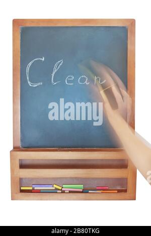 hand with a yellow sponge cleaning the chalkboard Stock Photo - Alamy