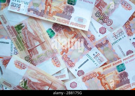Rouble 5000 banknotes background top view. Texture of banknotes russian ...