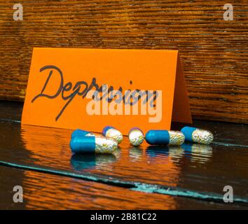 Writing Depression on label. Label with text Depression and medicines ...