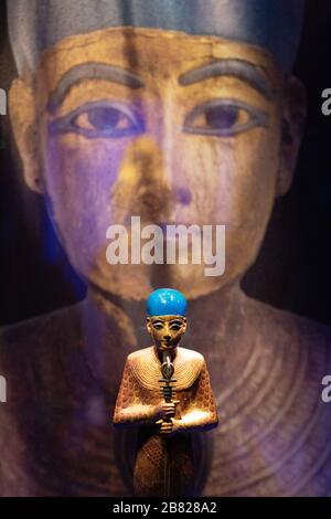 Tutankhamun tomb treasure; gilded wooden statue stand and statue shrine ...