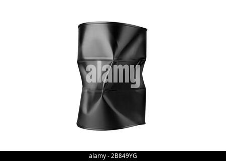 Crumpled black metal barrel isolated on white, dented oil drum, crushed ...