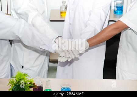 scientists shaking hands in laboratory Stock Photo - Alamy