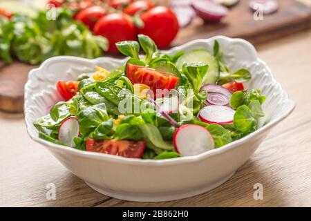 Fresh young onion and red radish. Young green onion on slate and ...