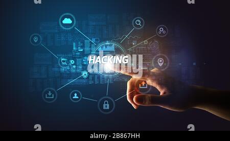 Hand touching HACKING inscription, Cybersecurity concept Stock Photo ...